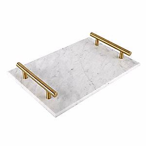 HighFree Marble Stone Decorative Tray, Handmade Nightstand Tray with Copper-Color Metal Handles for Counter, Vanity, Dresser, Nightstand and Desk (White)