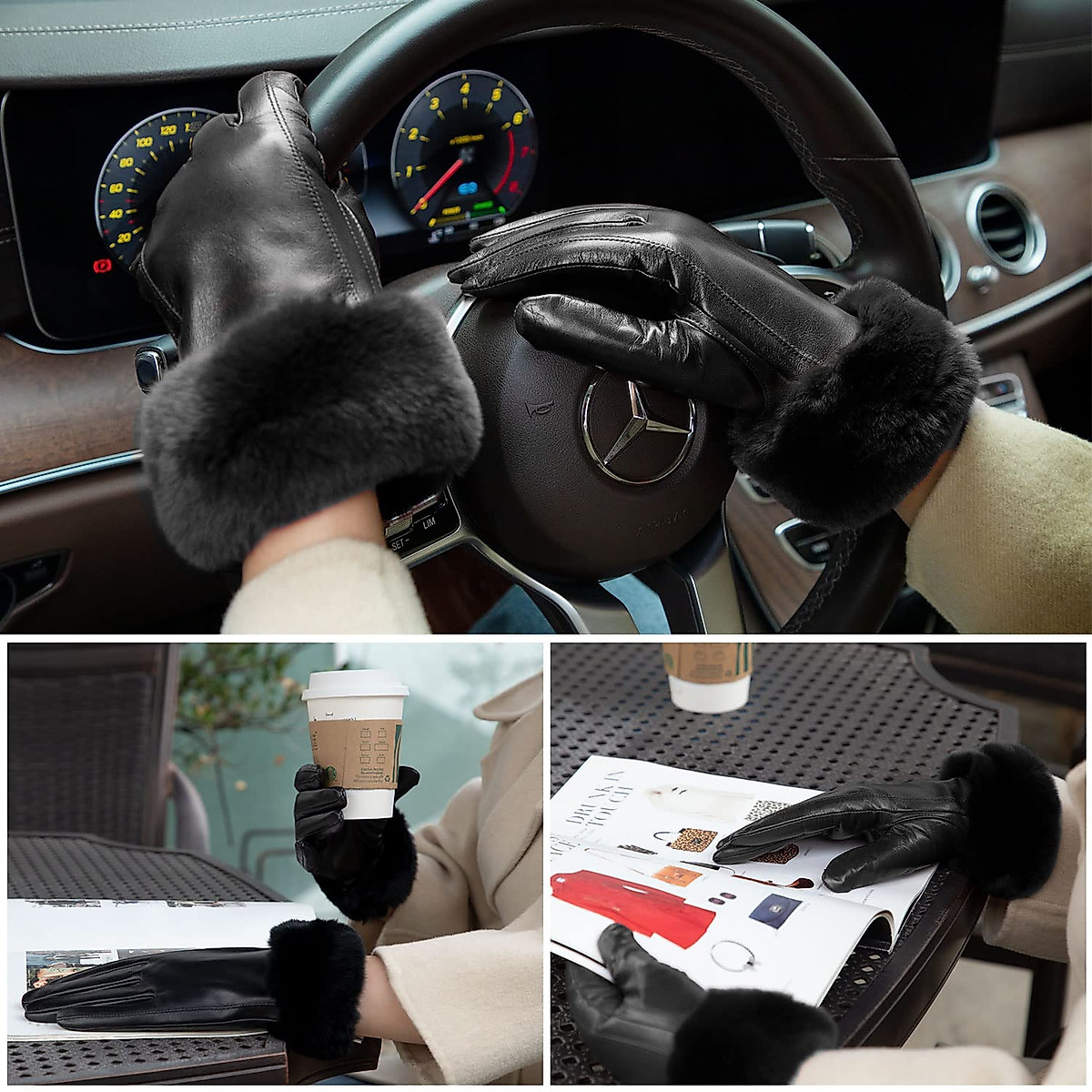 GSG Women Leather Gloves Rabbit Fur Cuff Touchscreen Winter Warm Driving GlovesBlack L