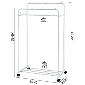 Hoctieon Double Rod Clothes Rack, 2 IN 1 Clothing Rack with Shelves and Wheels for Easy Mobility, Multi-functional Bedroom Garment Rack with 8 Hooks, White
