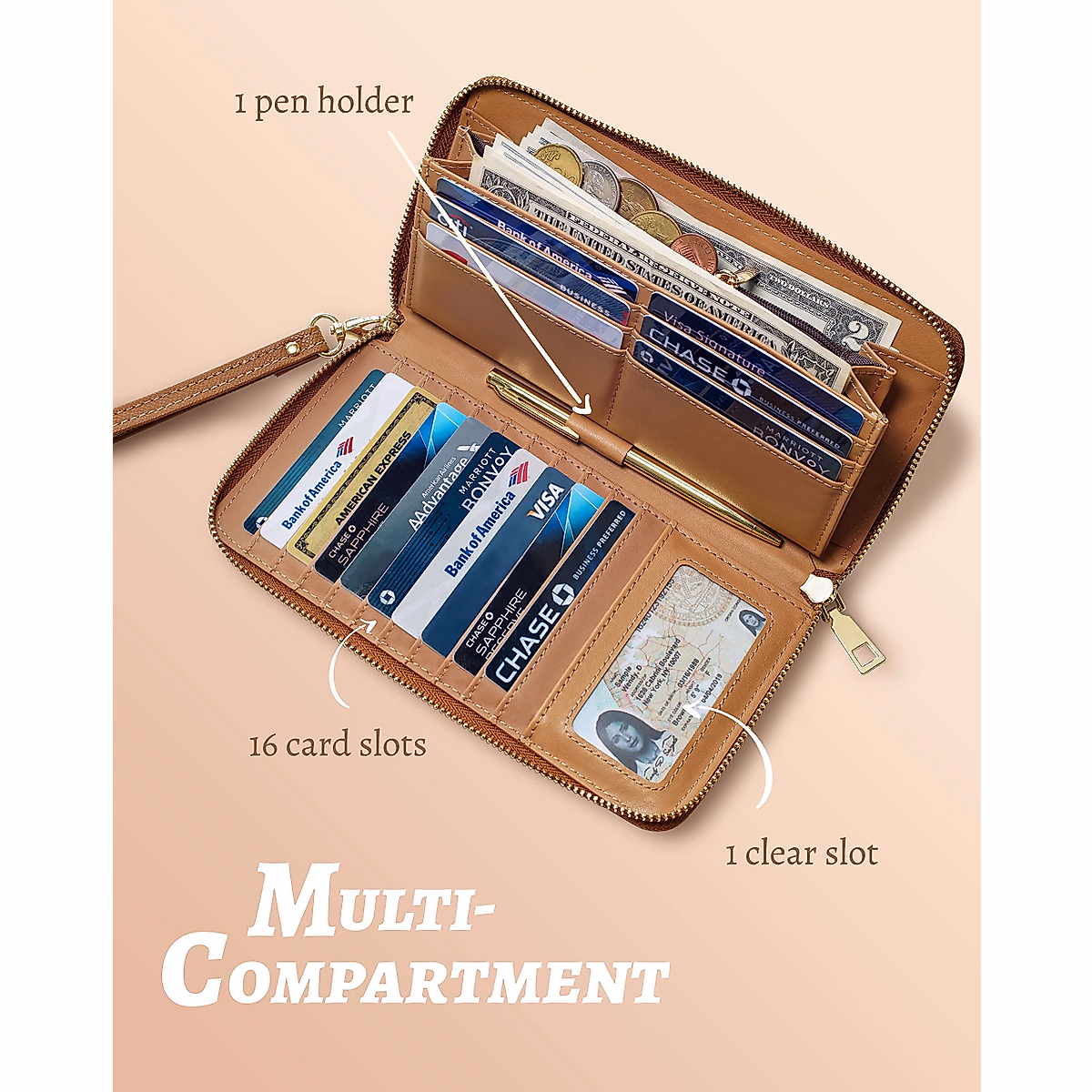 Yarnic Brown Women's Wallet Wristlet Band Wallet Credit Card Wallet Holder Money Pockets Women Clutch Case Coin Money Clip Organizer Purse with RFID Blocking Large Capacity with Zipper Tan