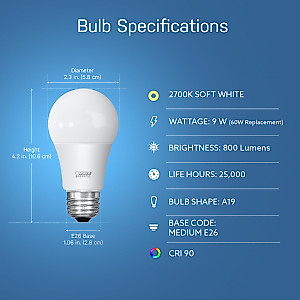Feit Electric OM60/927CA/AG 60W Equivalent WiFi Dimmable, No Hub Required, Alexa Google Assistant A19 Smart LED Light Bulb, 4.4" H x 2.3" D, 2700K Soft White