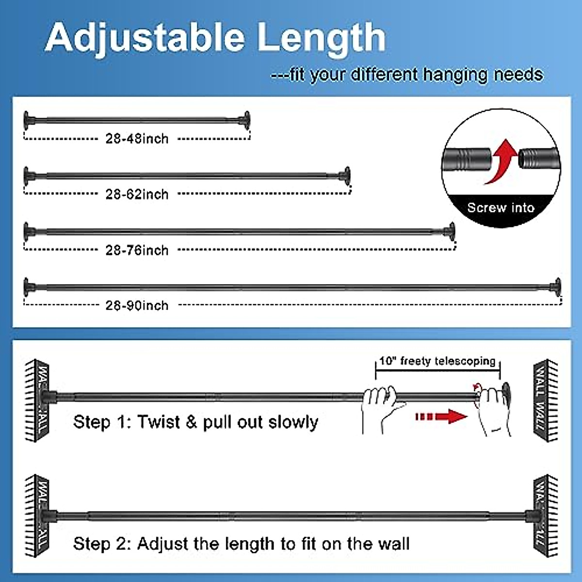 Matte Black Shower Curtain Rod - 28 to 48" Adjustable Non Slip Shower Rod Wall Mounted for Bathroom,Closet,Kitchen - Rustic Industrial Curtain Rod