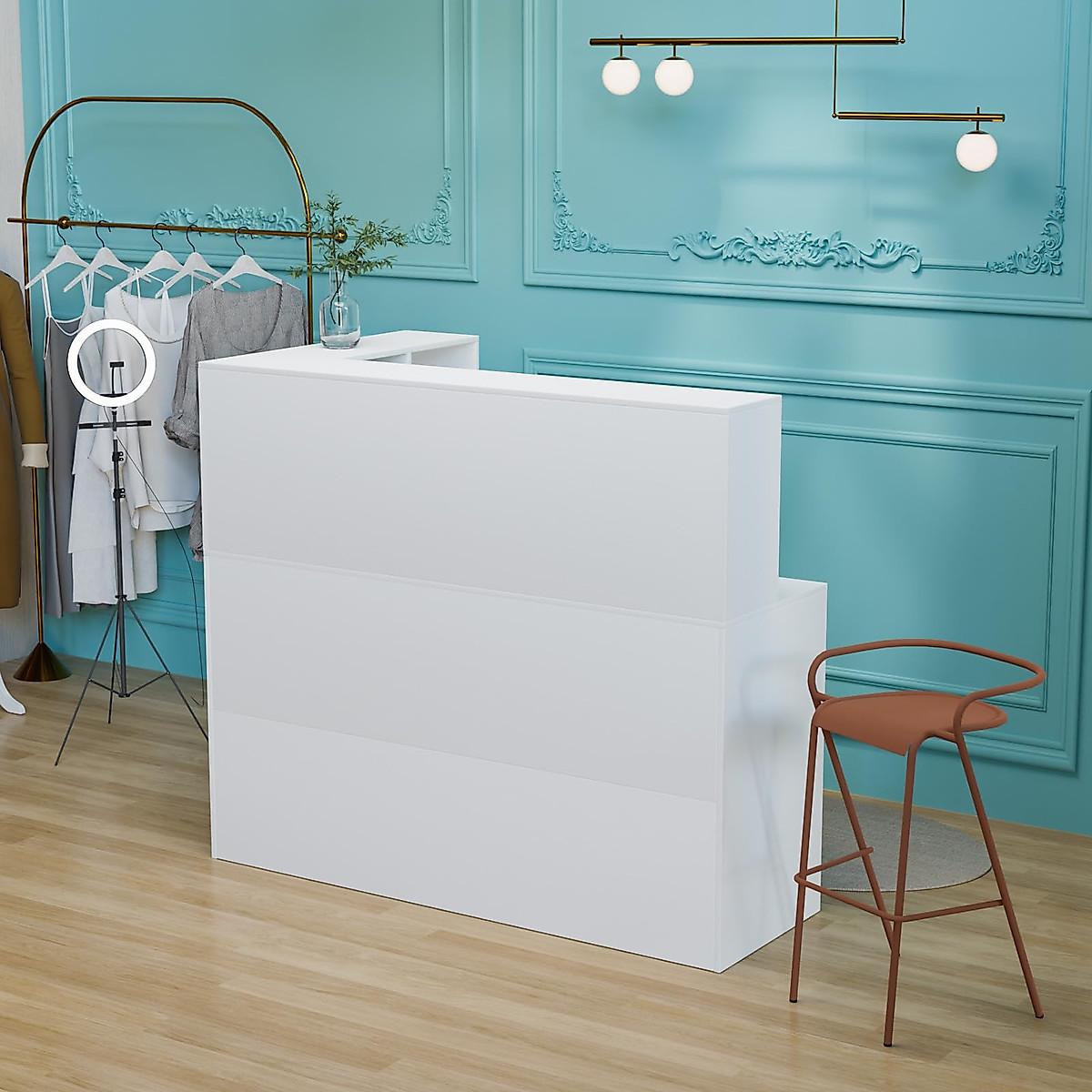 LEADZM L-Shaped Reception Desk with Counter, Front Desk with Lockable Drawers & Adjustable Shelf, Retail Checkout Counter for Beauty Salon Office, White (55.9" W x 18.9" D x 48" H)