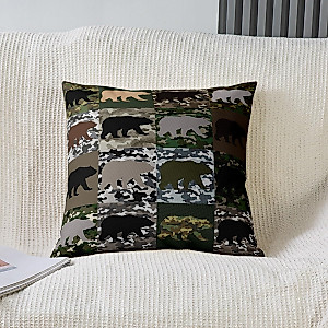 Castle Fairy Bear Pillow Cover,Wildlife Animal Hunting Camo Print Pillowcase Soft Square 18"x18" Cushion Case,Camouflage Plaid Print Throw Pillow Cover Single Pack for Room Decor Double Sides Print