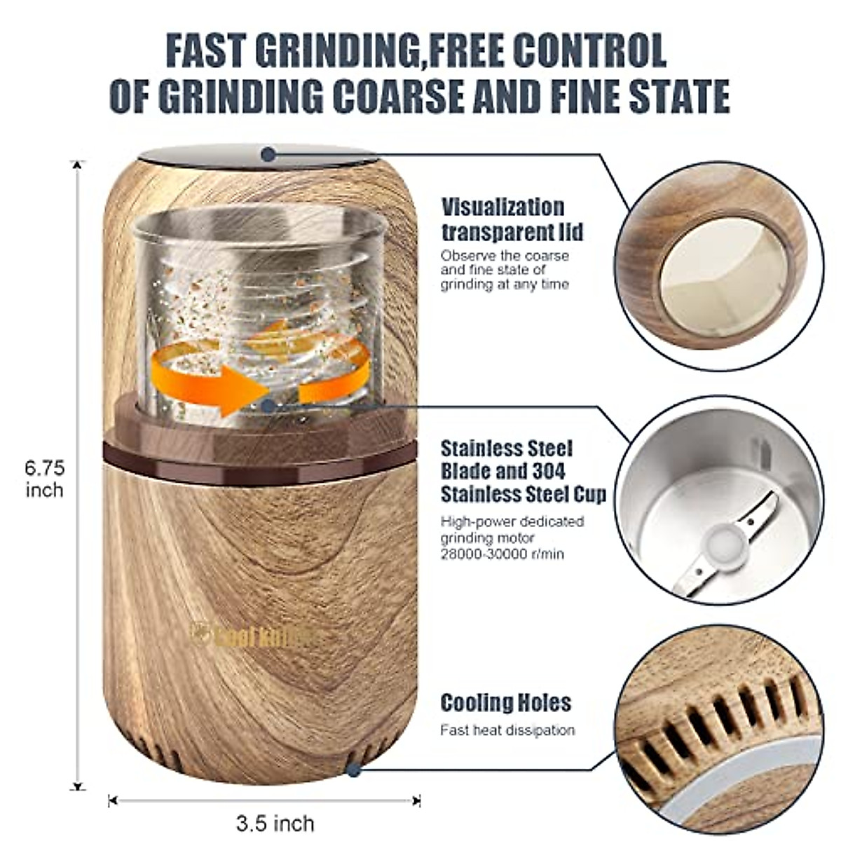 COOL KNIGHT Herb Grinder [large capacity/fast/Electric ]-Spice Herb Coffee Grinder with Pollen Catcher/- 7.5" (Wood grain)