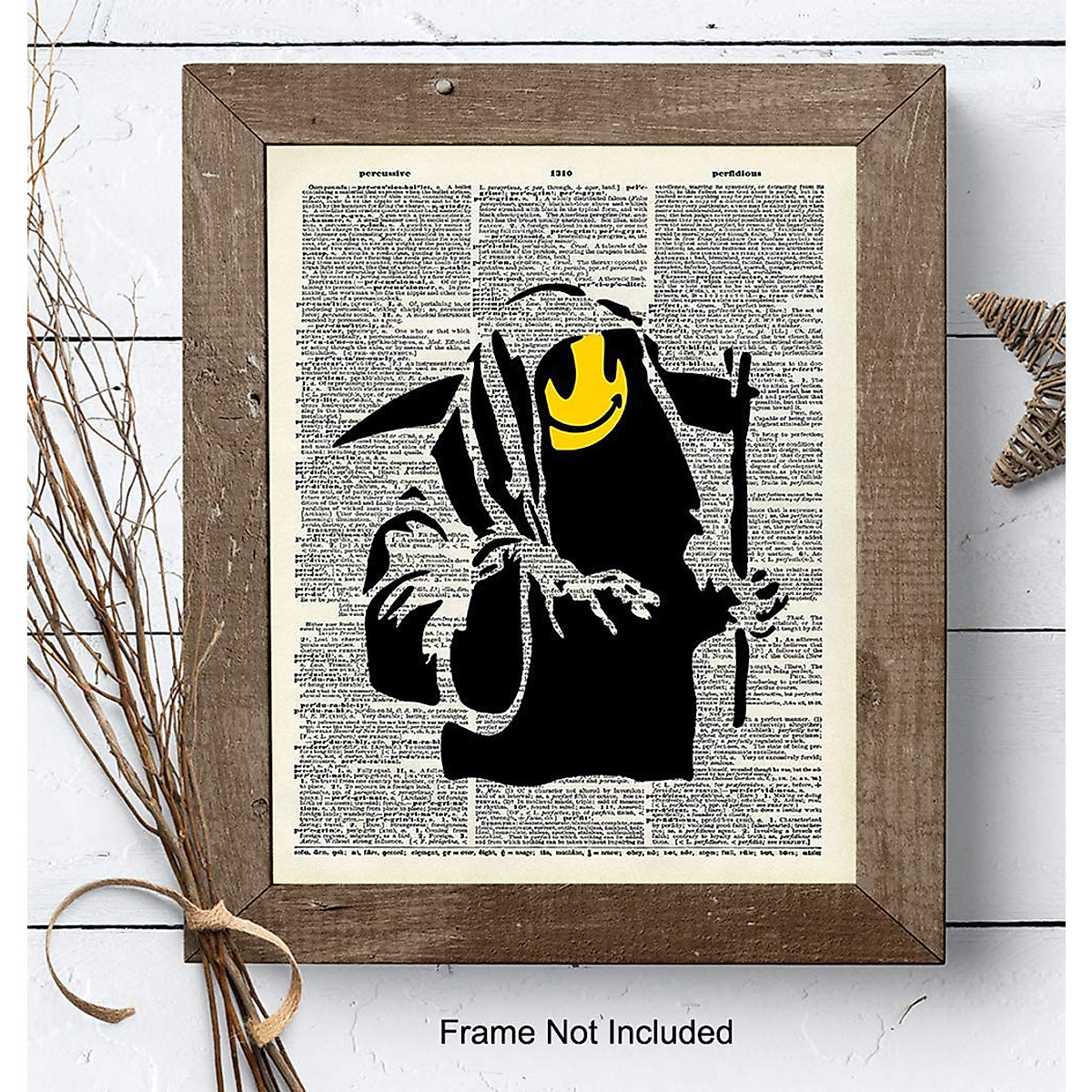 Banksy Grim Reaper Graffiti Dictionary Art - 8x10 Smiley Face Poster - Modern Home or Dorm Decor, Contemporary Wall Decoration Print - Funny Gift for Street Art Fans - Unframed Photo Print Sign