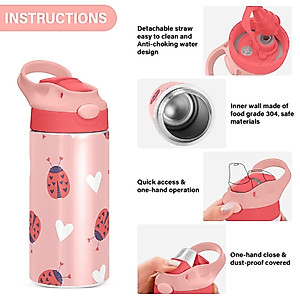 ALAZA Ladybug White Hearts Kids Water Bottles with Lids Straw Insulated Stainless Steel Water Bottles Double Walled Leakproof Tumbler Travel Cup for Girls Boys Toddlers 12 oz,Pink