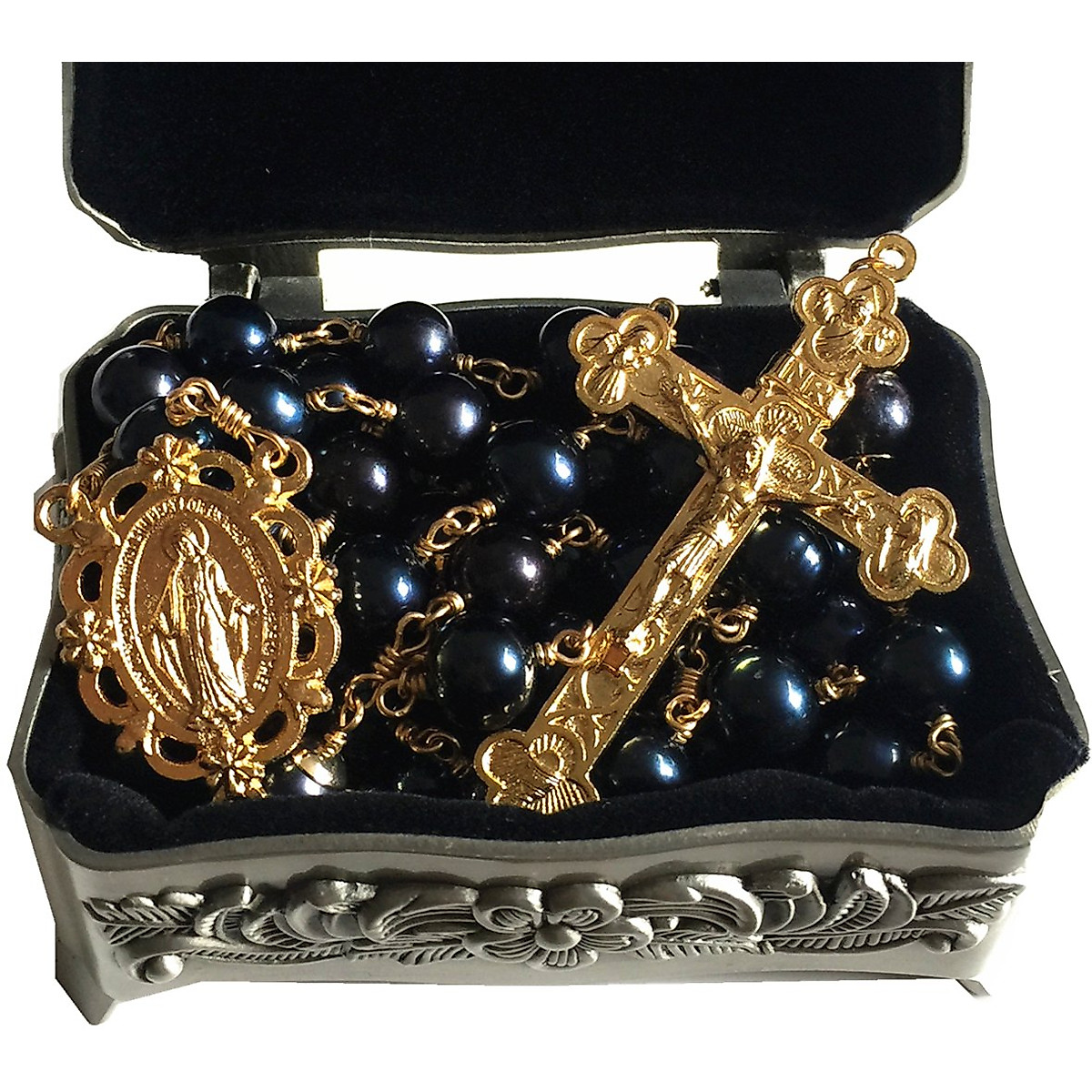 elegantmedical Black AAA+10mm Real Pearl BEADS GOLD ROSARY CROSS Necklace & box Catholic GIFTS