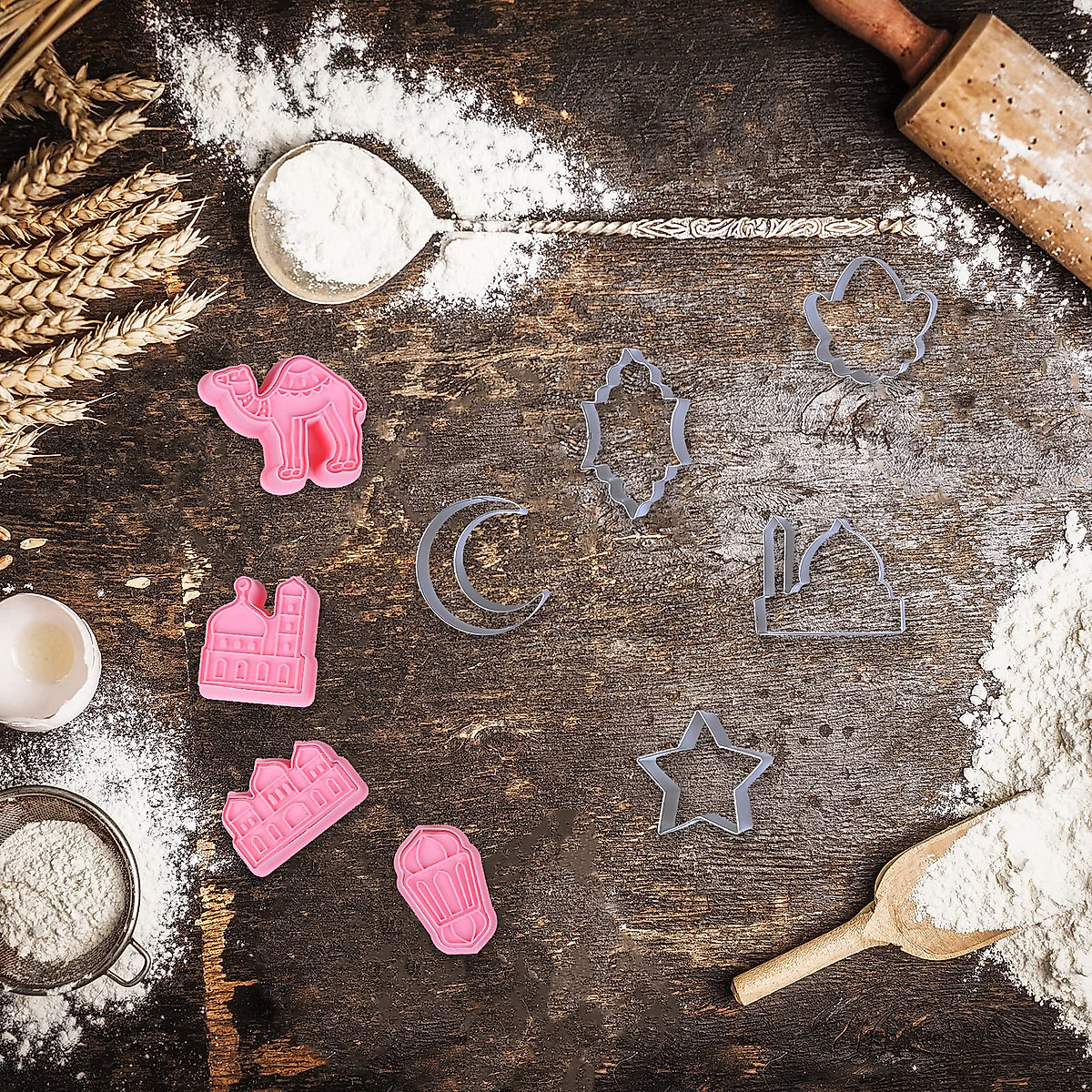 Kavoc 12 Pieces Eid Mubarak Cookie Cutters with Plunger Stamps Set, Ramadan Islamic Muslim Biscuit Molds Star Lantern Moon 3D Cookie Stamper for Eid Mubarak Decor Muslim Party Baking Supplies (Eid)