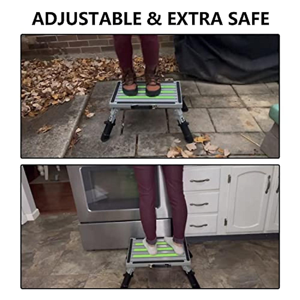 Homeon Wheels Aluminum Safety RV Steps Adjustable Height Folding Platform Step with Friction Strips Non-Slip Rubber Feet Leg Sheaths and Handle RV Step Stool Supports Up to 1000lbs.