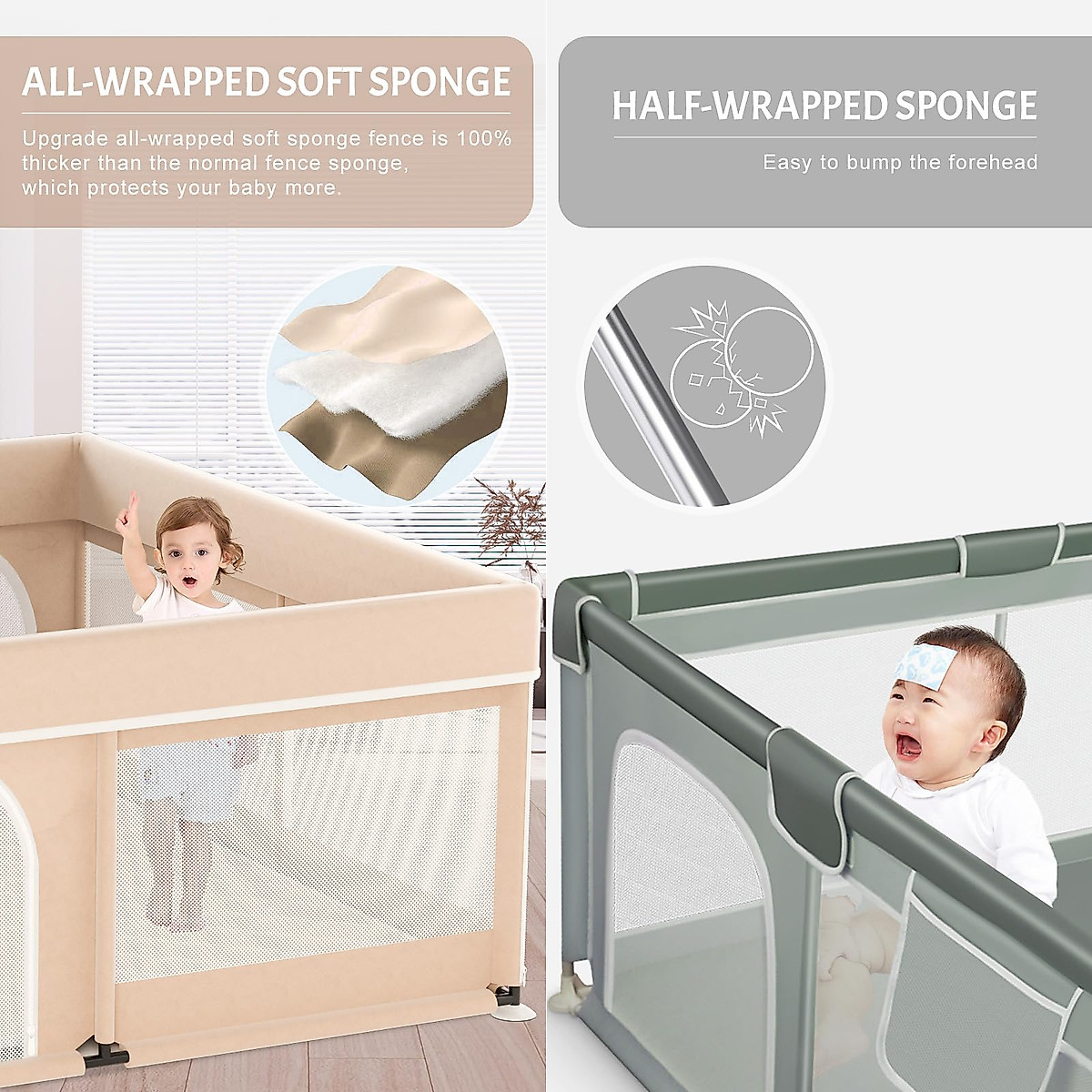 Omzer Baby Playpen with Mat 71"×59" - Extra Large Playpen for Babies and Toddlers with Mat Included, Safety Playard for Baby with Gate, All-Wrapped Soft Sponge Baby Gate Playpen with Stable Mat Velcro