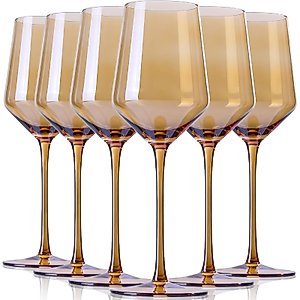 Amber Wine Glasses Set of 6-15oz Hand-Blown Long Stem Wine Glasses, Unique Wine Glasses Gift For Bar, Party