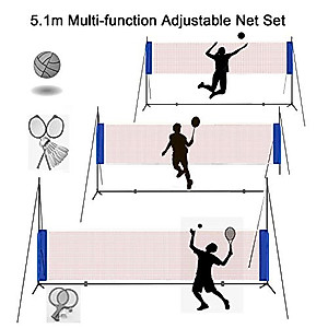 Portable Height Adjustable Badminton Volleyball Tennis Net Set Multi-Purpose Sports Equipment with Poles Stand and Carry Bag for Outdoor Garden Beach 5m/16ft