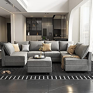 HONBAY Reversible Sectional Modular Couch with Ottoman U Shaped Storage Oversized Sectional Sleeper Sofa with Wide Chaise for Living Room, Grey