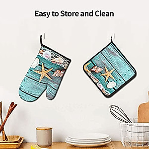 Pretty Turquoise Blue Nautical Oven Mitts and Pot Holders Sets Heat Resistant Kitchen Microwave Gloves for Baking Cooking Grilling BBQ