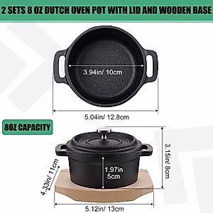 Suttmin 2 Sets Mini Dutch Oven Pot with Lid and Wooden Base Pre Seasoned Cast Iron Casserole Mini Cast Iron Pot Round Cocotte with Handle Heavy Duty Casserole Dish for Grill Oven, Black（8 oz）