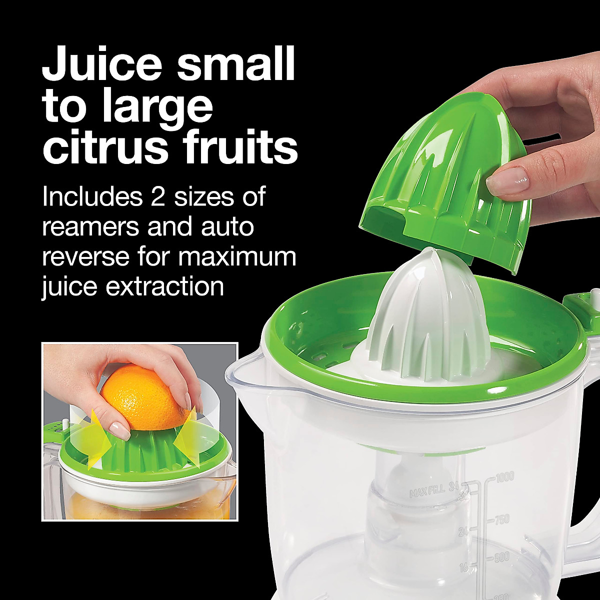 Proctor Silex Electric Citrus Juicer Machine, 34 oz., for Orange, Lemon, Grapefruit Juice, White & Green (66337)