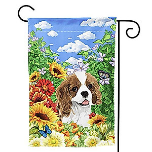 Cavalier King Charles Spaniel Garden Flag Cute Dog with Beautiful Sunflower Yard Flag Spring Summer Floral Print Decorative Small Garden Flags Double Sided 12 x 18 Inch Outdoor Banner