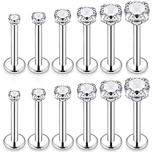 SCERRING 6 Pairs 16g Stainless Steel 2-4.5mm Prong Setting Clear CZ Internally Threaded Labret Monroe Lip Earring Ring Body Piercing Jewelry 10mm - Silver