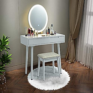 CHARMAID Vanity Set with Lighted Mirror, 3 Modes Adjustable Brightness Mirror, Makeup Dressing Table with Cushioned Stool, 2 Sliding Drawers with Divider, Modern Bedroom Vanity for Girls Women (White)