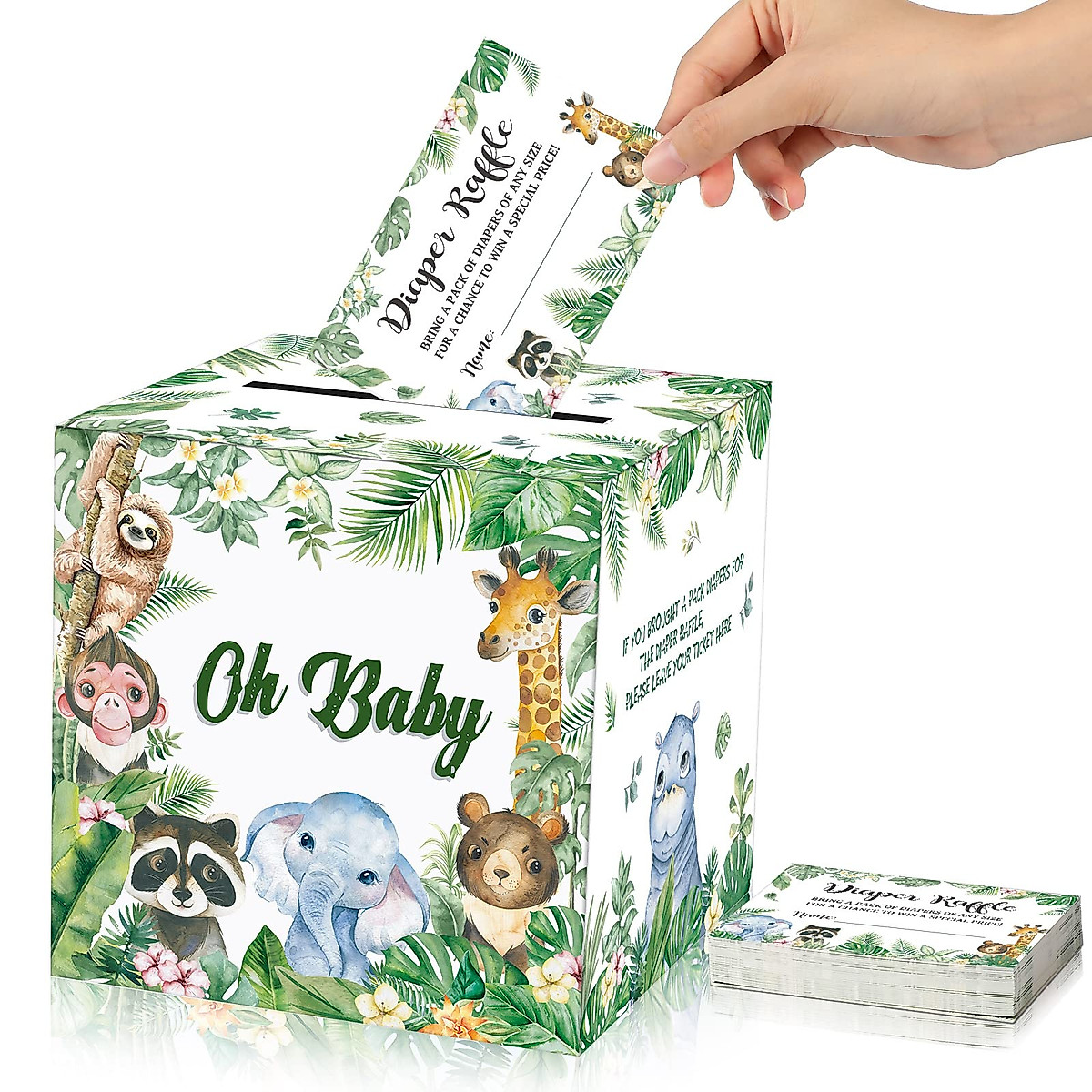 51 Pcs Woodland Baby Shower Card Box and Advice Cards, Diaper Raffle Game Box Tickets Jungle Theme Card Box Forest Raffle Box Baby Shower Decorations for Birthday, Gender Reveal Party Supplies