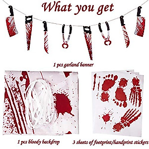 Halloween Decorations Set - Bloody Backdrop & Garland Banner & Footprints Handprints Floor Clings Decals - Zombie Vampire Party Supplies Garage Yard Outdoor Indoor Decor