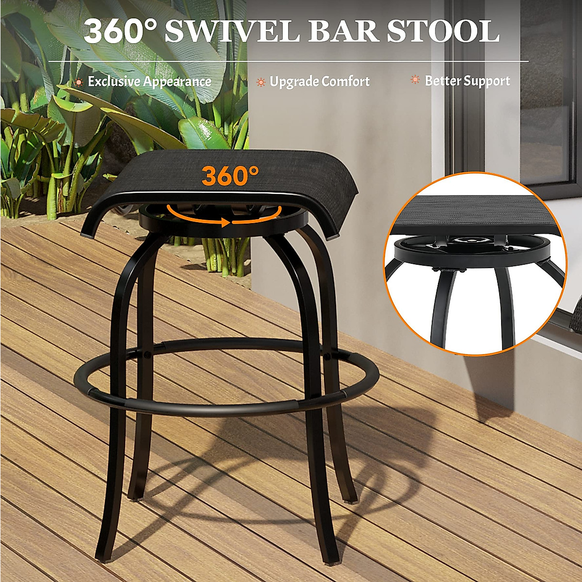 Outdoor Backless Swivel Bar Stools Set of 2, Patio Stools & Bar Chairs, Outside High Top Barstools, Breathable Textilene Fabric for Yard, Deck Porch, Balcony - Armless - Pure Black