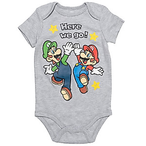 Super Mario Nintendo Luigi Mario Yoshi Infant Baby Boys 5 Pack Cuddly Short Sleeve Bodysuits Multi 12 Months