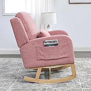 Gxcevsou Teddy Rocking Chair for Nursery, High Back Glider Rocker Upholstered Armchair with One Lumbar Pillow for Nursery, Comfy Armchair with Two Side Pockets for Living Room, Bedroom (Pink)