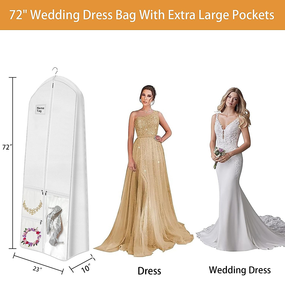 72" Wedding Dress Garment Bag with 10'' Gusseted Dress Bags for Gowns Long 4 Pockets Dress Cover for Women, White