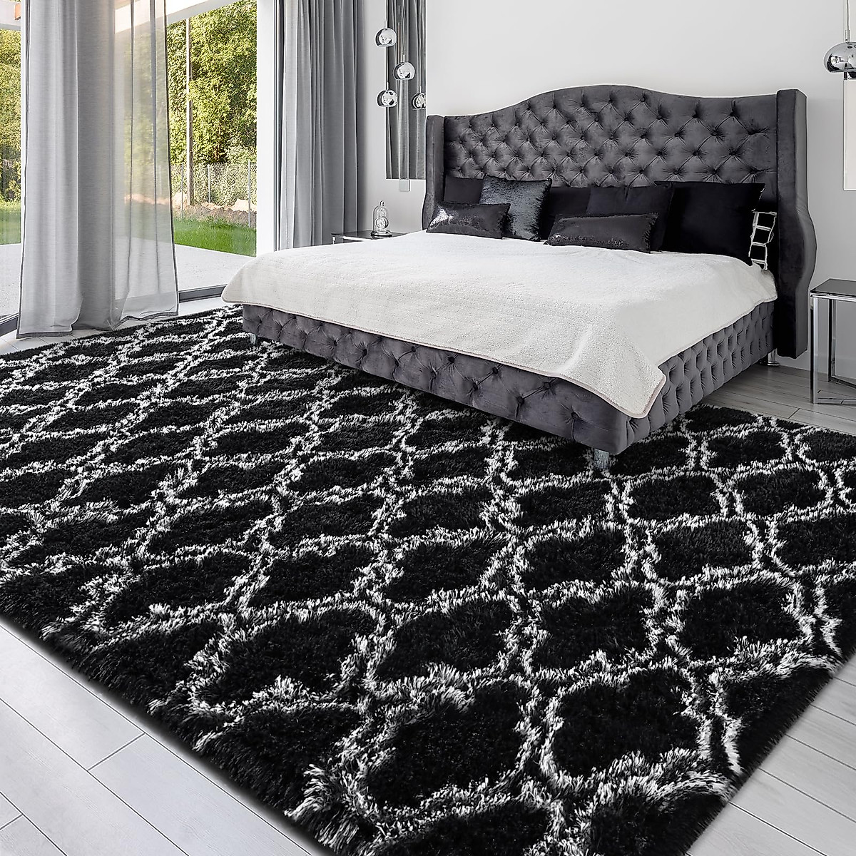 Hutha 6x9 Shag Large Area Rugs for Living Room, Black and White Modern Super Soft Bedroom Carpet, Moroccan Luxury Geometric Plush Fluffy Rug for Kids Nursery Girls Room Indoor Home Decor