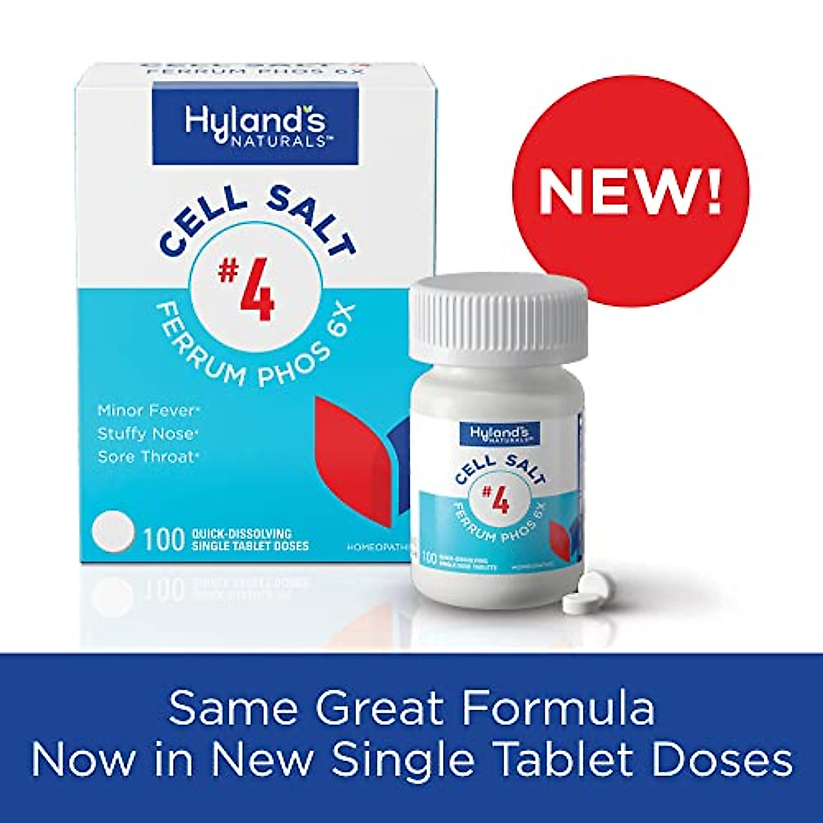 Hyland's Decongestant and Sinus Relief, Inflammation Supplement, Natural Relief of Cold and Fever Symptoms, Naturals #4 Cell Salt Ferrum Phos 6X Tablets, 100 Count