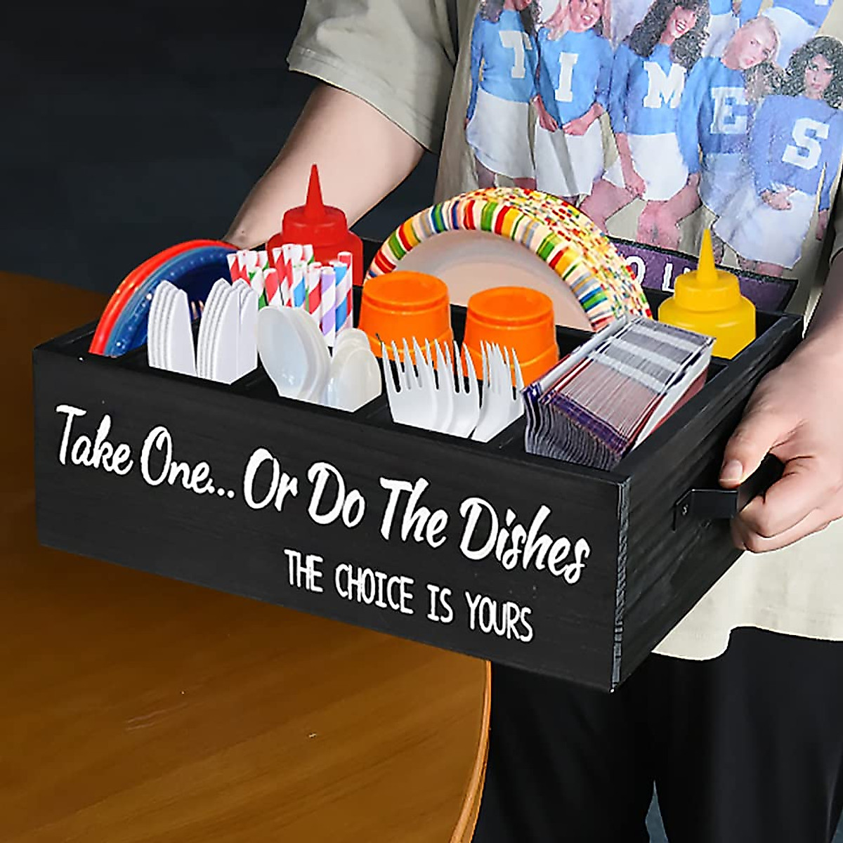 Kitchen Countertop Paper Plate Holders Utensil Caddy, Wood Utensil Holder Organizer for Plate Cup Fork Knives Spoon Napkin, Silverware Caddy Holder Condiment Caddy Organizer for Party Camping BBQ