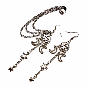 Asymmetrical Pentagram & Moon Earrings silvertone ear cuff & chains occult wiccan gothic