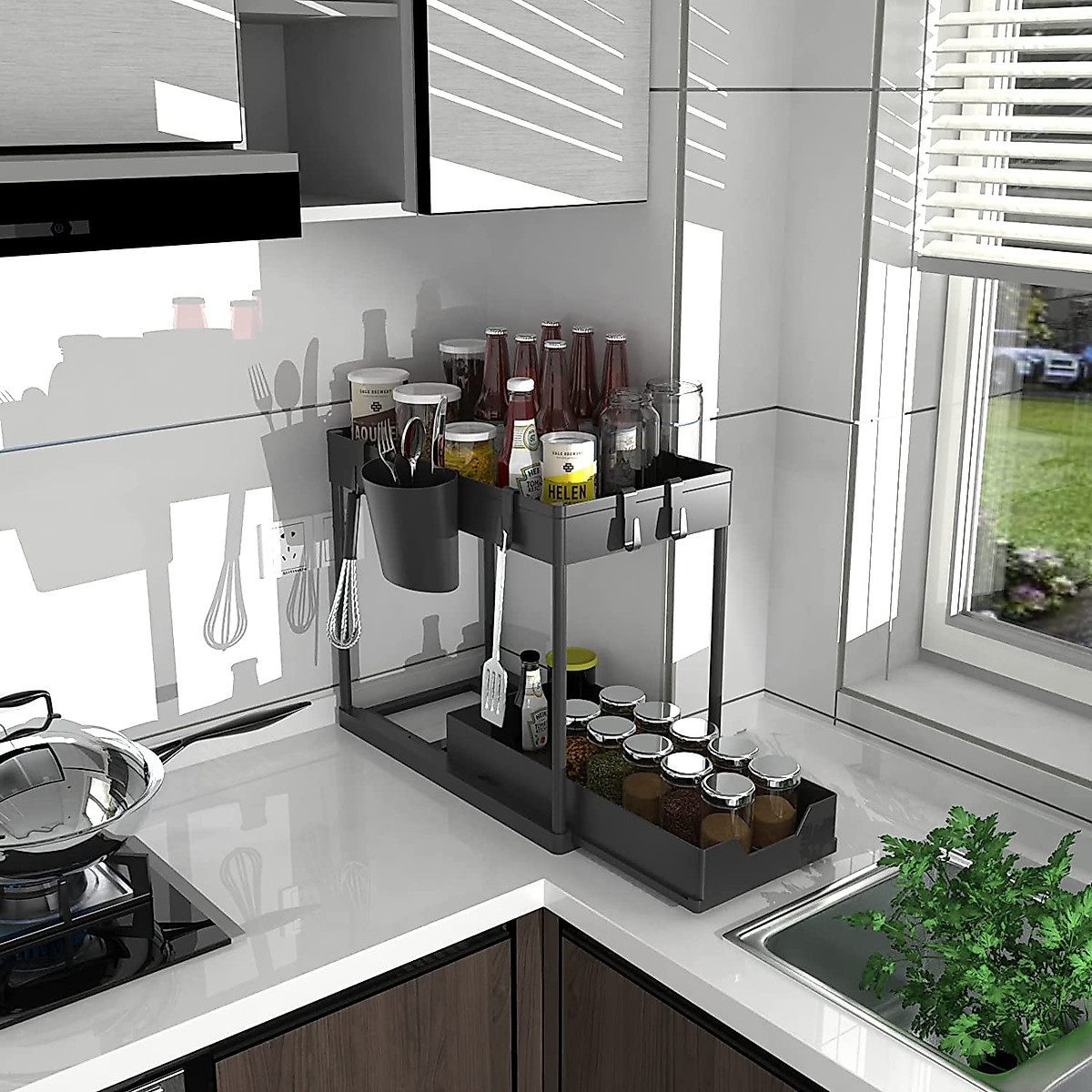 Under Sink Organizer,2 Tier Under Cabinet Organizer Sliding Under Bathroom Sink Organizers and Storage Multi-purpose Tidy Help Under Sink Storage Shelf Kitchen