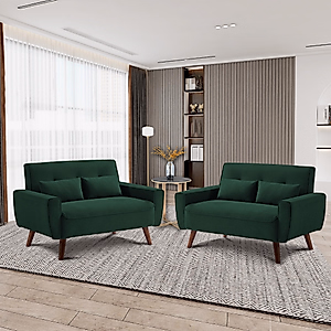 Tornama 48" Small Loveseat Sofa Set, 2-Piece Mid Century Modern Love Seat Couch, 2 Seat Tufted Couches with Throw Pillows for Living Room, Apartment, Bedroom and Small Spaces, Green
