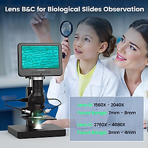JOYALENS JL246PS 3 Lens HDMI Digital Microscope, UHD 4000× 24MP Biological Microscope with Prepared Slides, Coin Microscope for Full-Size Coin Error Coins, 7'' LCD Screen, Windows PC Compatible, 32GB