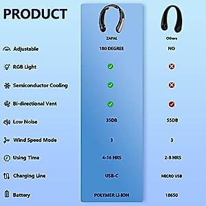 ZAPAL Portable Neck Air Conditioner Fan, Personal Rechargeable Cooling Neck Fans for Travel Camping Outdoor, Battery Operated Wrap-around Electric Fans for Men Women Kids, 3 Mode 3 Speed USB Fan Black