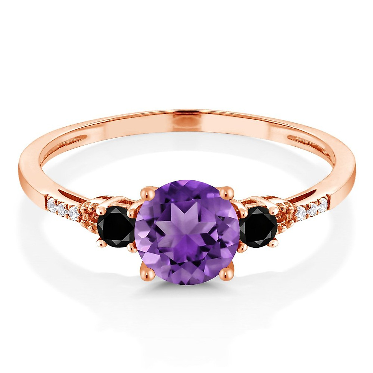 Gem Stone King 10K Rose Gold Purple Amethyst Black Diamond and White Diamond Accent 3-Stone Engagement Ring For Women | 0.87 Cttw | Gemstone Birthstone | Round 6MM & 2.5MM (Size 8)