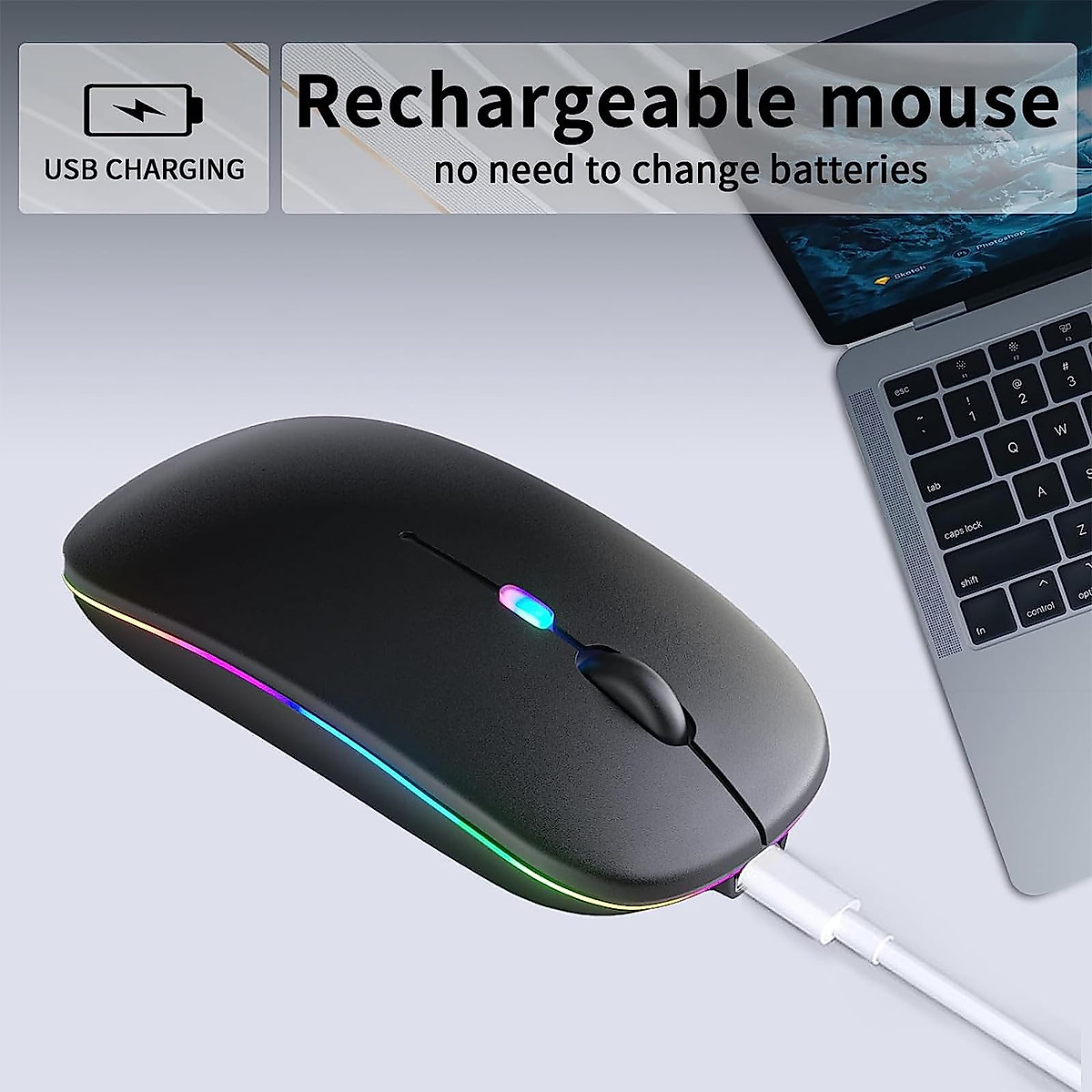 Atrasee Dual Mode LED Wireless Bluetooth Mouse for Laptop, Slim Rechargeable RGB Computer Mice (USB 2.4G + Bluetooth 5.1), Ergonomic PC Gaming Mouse w/ 3 Adjustable DPI, for Laptop MacBook Pro, Black
