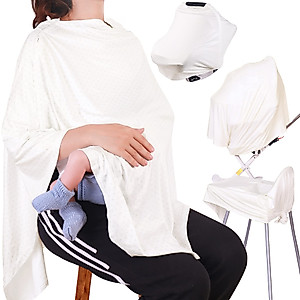 DSYJ Nursing Covers for Breastfeeding Poncho Cover, Soft & Breathable Fabric, 360° Full Privacy Universal Fit Multi Use 8-in-1 for Baby Car Seat Cocoon Feeding Canopy White