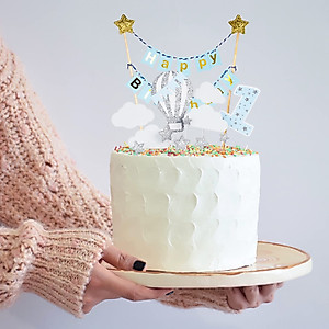 Kawailay 1st Boy Birthday Cake Topper Set Glitter Happy Birthday Cake Banner Flag First Birthday Cake Topper with Hot Air Balloon Clouds Stars for Baby Shower Boy s Birthday Party Supplies - Blue