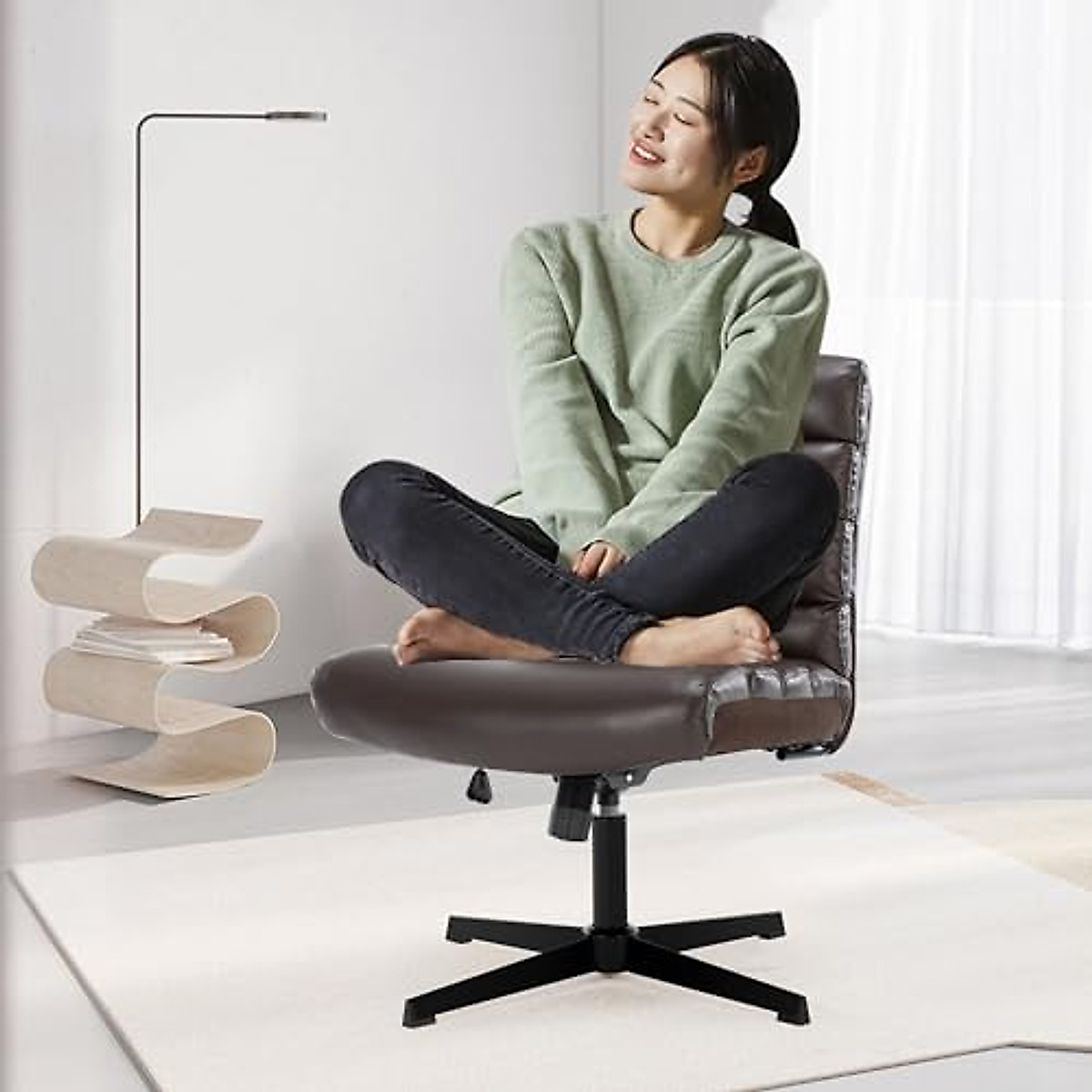 Home Office Desk Chair PU Leather, Excutive Computer Chair No Wheels Modern Office Chair for Bedroom, Game, Study, Brown