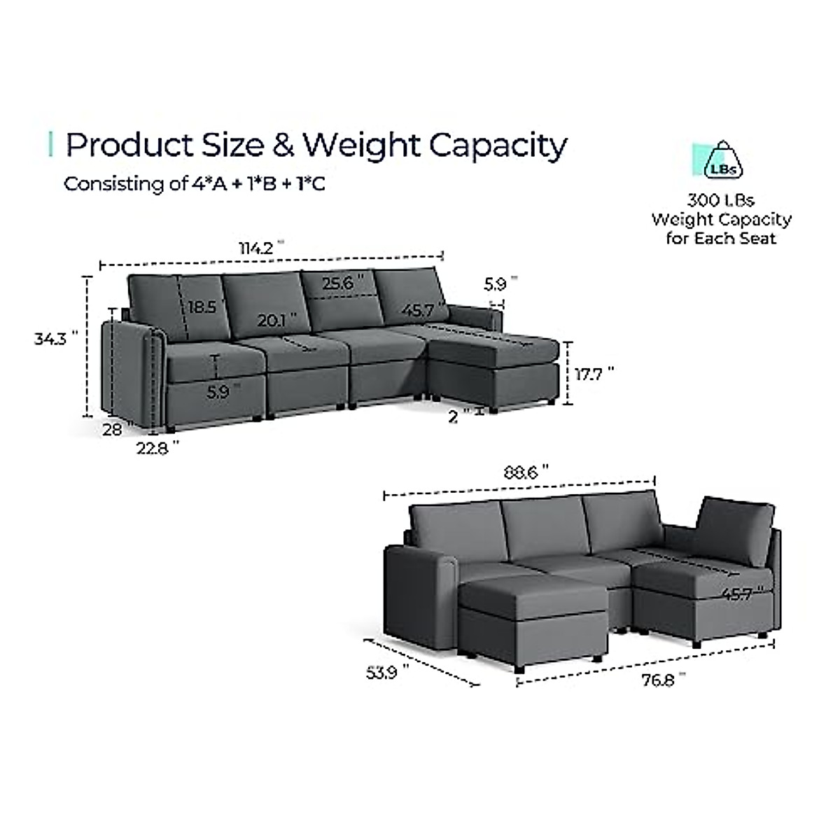 LINSY HOME Convertible Sectional Couch, L Shaped Sofa Couch with Storage, Modular Sofa with Memory Foam, Ottomans, 5 Seat Sofa Corner Sofa with Chaise for Living Room, Dark Grey