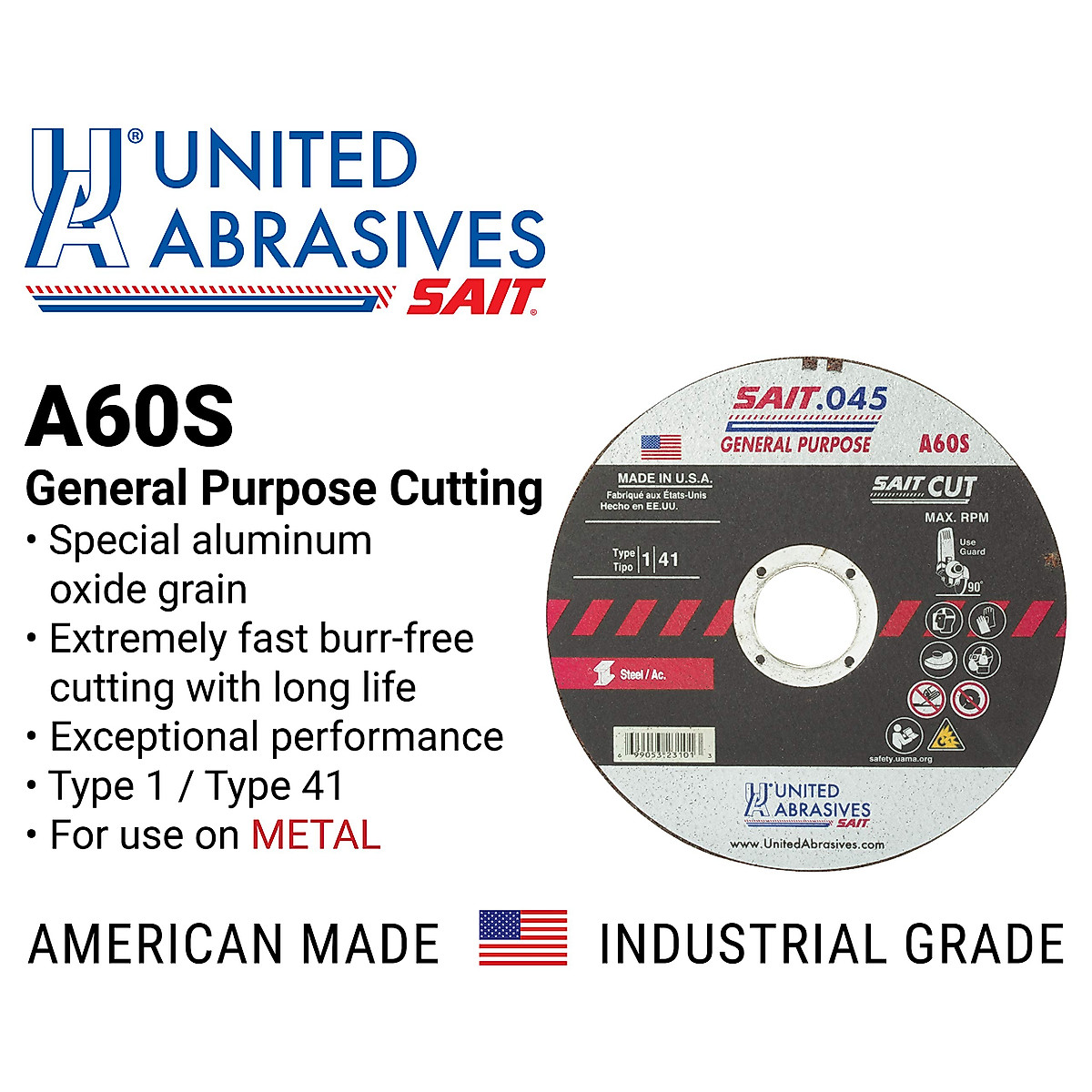 United Abrasives-SAIT 23101 A60S General Purpose Cut-Off Wheels (Type 1/Type 41 Flat) 4 1/2" x .045" x 7/8", 50-Pack