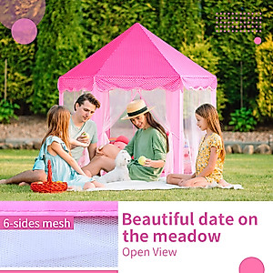 Sumbababy Princess Castle Tent for Girls Fairy Play Tents for Kids Hexagon Playhouse with Fairy Star Lights Toys for Children or Toddlers Indoor or Outdoor Games (Pink)