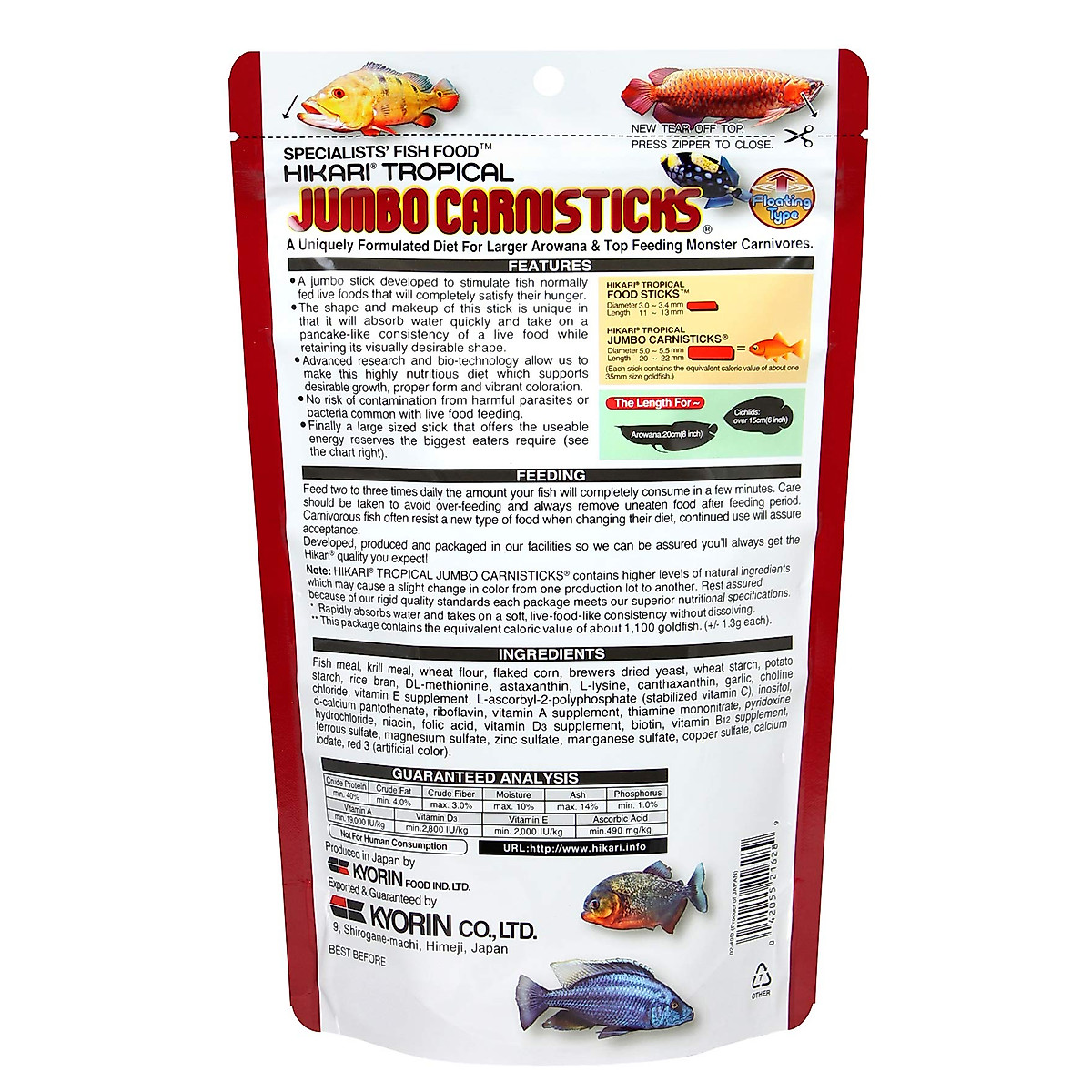 Hikari Tropical Jumbo Carnisticks Fish Food, 6.37 oz (182g)