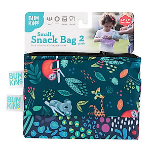 Bumkins Reusable Snack Bags, for Kids School Lunch and for Adults Portion, Washable Fabric, Waterproof Cloth Zip Bag, Supplies Travel Pouch, Food-Safe, 2-pk Jungle and Animal