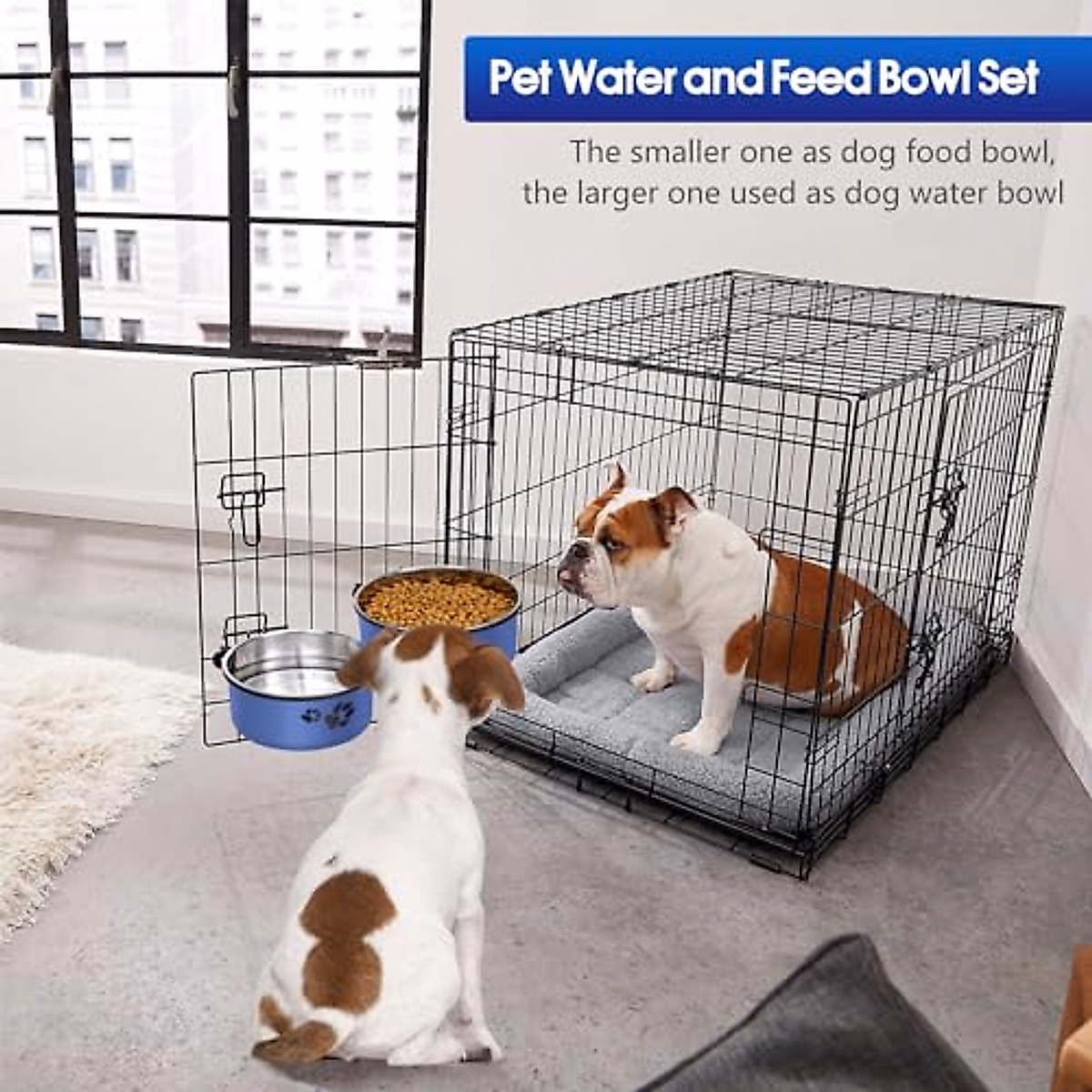 OFFKITSLY 2 Pack Stainless Steel Dog Crate Water Bowls, No Spill, Anti-Tipping, Hygienic, Easy to Clean, Cute Pattern, Perfect Size