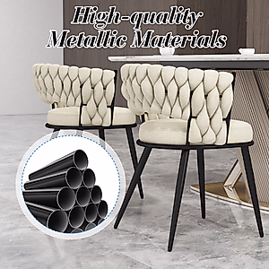 Homedraft Woven Dining Chairs Set of 6, Modern Hand Weaving Dining Chair with Black Metal Legs, Upholstered Club Chairs with Black Frame for Dining Room, Kitchen, Vanity, Beige